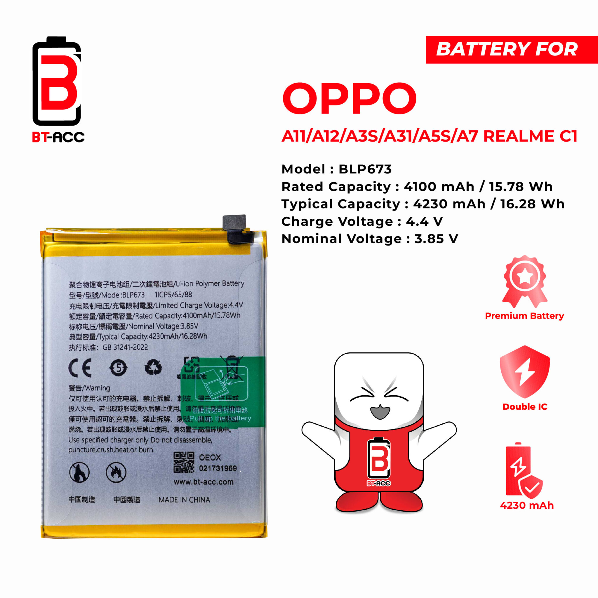 BT-ACC Baterai Oppo A3S / A5S / A7 / A11 / A12 / A31 / Realme C1 ...